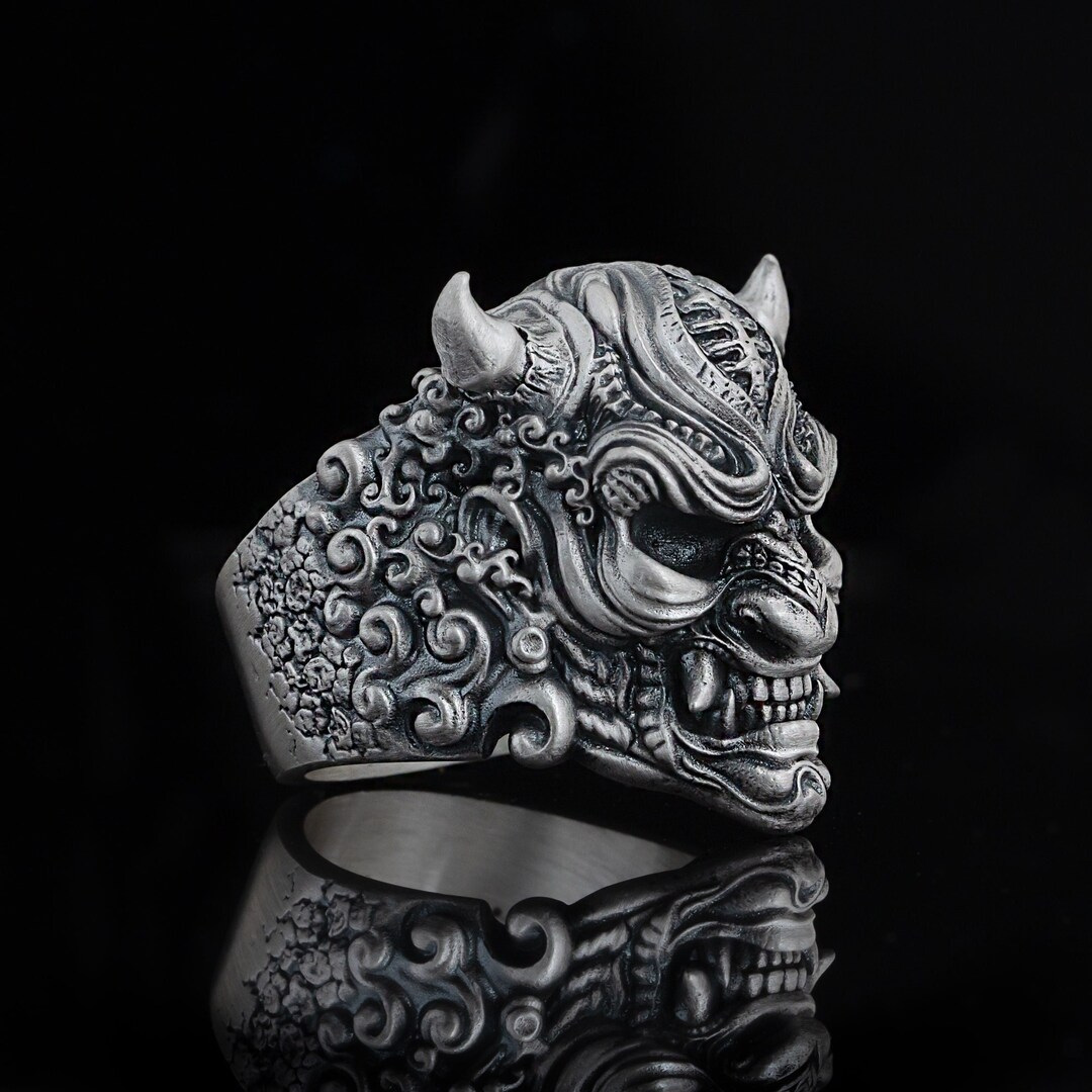 Japanese Oni Mask Silver Ring,silver Handcrafted Ring,gothic Band Rings ...