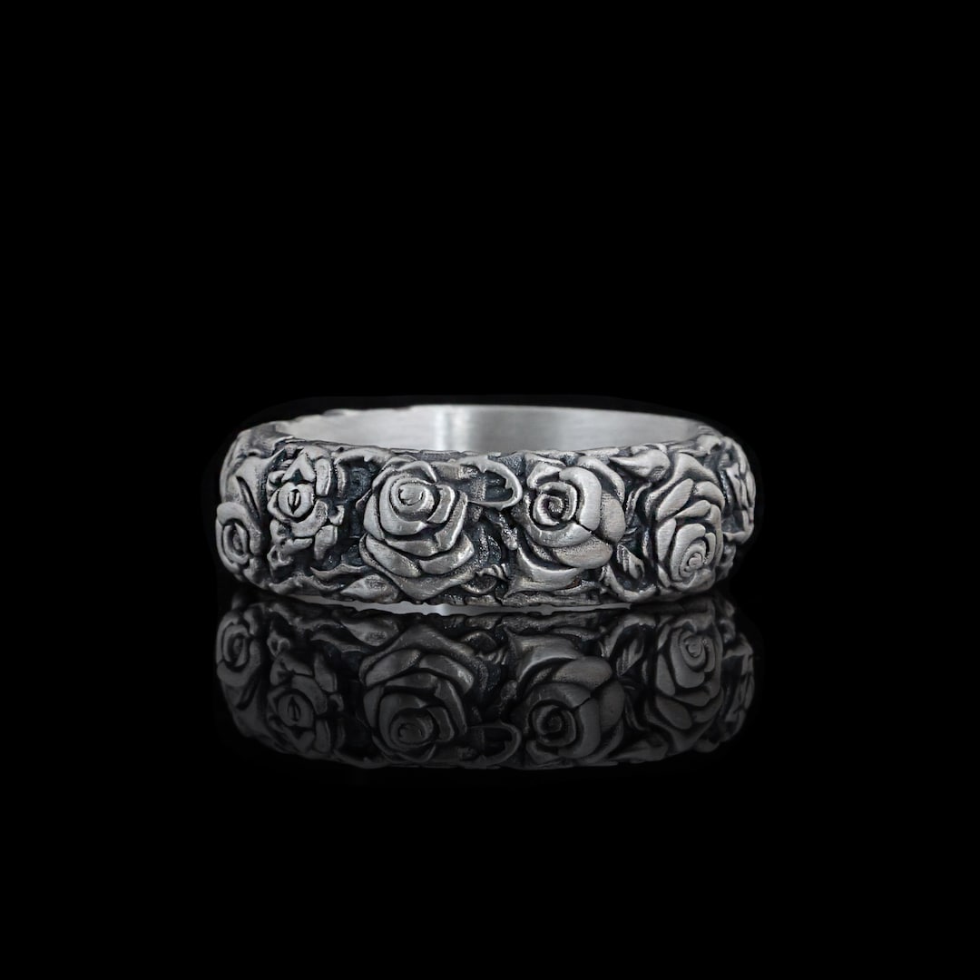 Engraved Rose Flower Ring for Men,romantic Rose Band,handcrafted Silver ...
