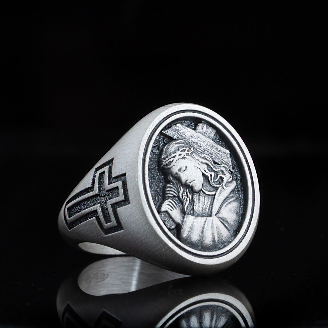 Jesus Christ Carrying the Cross Ring , Men's Ring , Handmade Jesus ...
