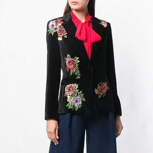 Women's Black Velvet Floral Embroidery Blazer Jacket Wedding Cocktail ...