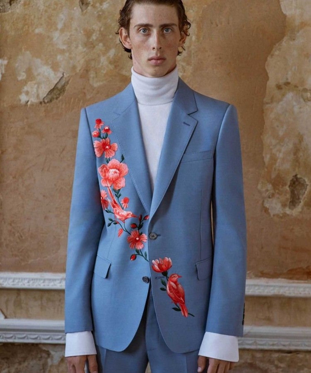 Men's Blue Floral Embroidered Suit: 2-piece Wedding Outfit - Etsy