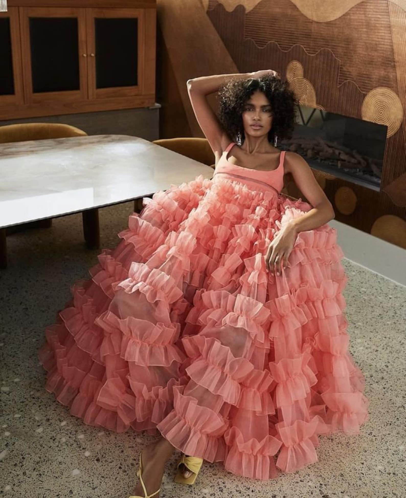 Women's Pink Ruffled Organza Dress With Empire Waist, Wedding Guest ...