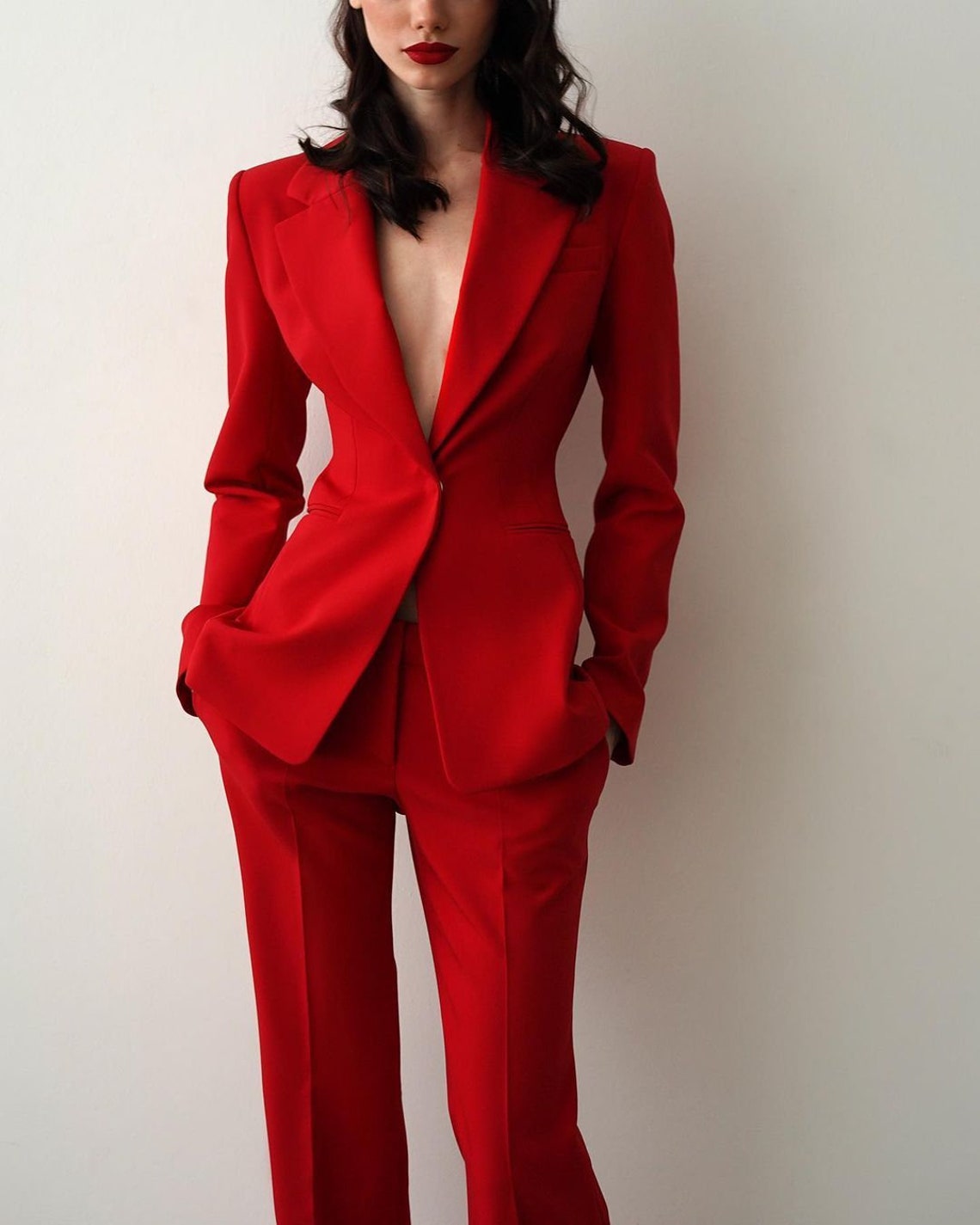 Red Two Piece Suit Women Notch Lapel Single Breasted Pant Blazer Set Wedding Prom Bridesmaid