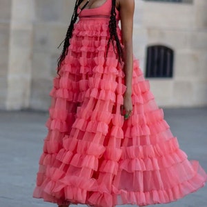 Women's Pink Ruffled Organza Dress With Empire Waist, Wedding Guest ...
