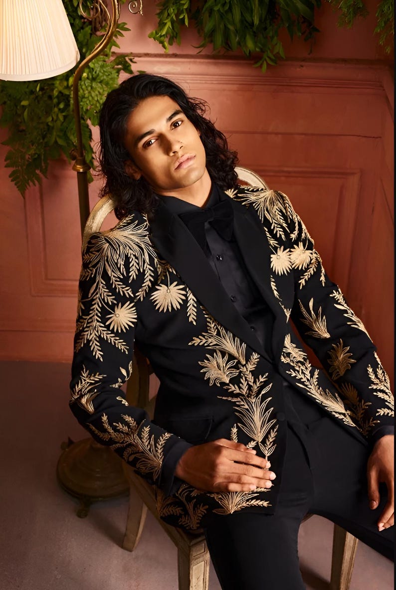 Men's Black Wedding Suit: Gold Botanical Embroidery Blazer - Etsy