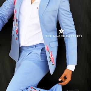 Men's Blue Floral Embroidered Suit: 2-piece Wedding Outfit - Etsy