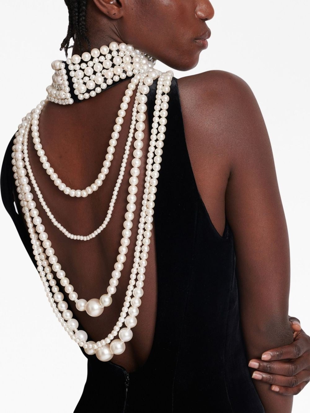 Black Velvet White Pearl Bodycon Long Velvet Dress Halter Neck Deep ...