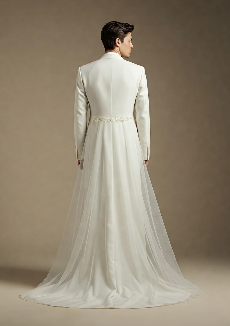 Men's White Wedding Suit With Detachable Lace Veil | Sleeveless Inner ...