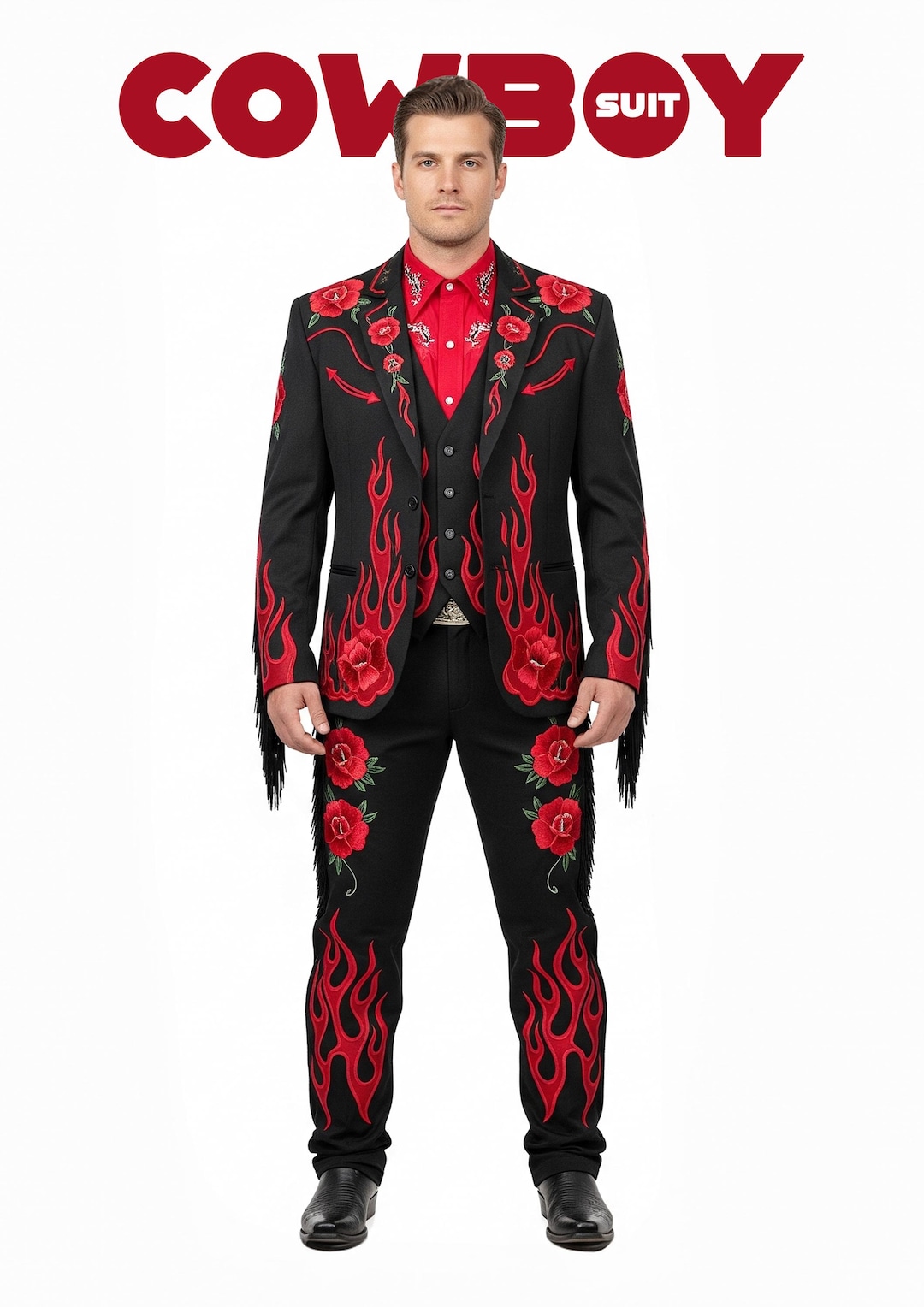 Embroidered Black Cowboy Suit: Red Rose & Flame Western Outfit - Etsy