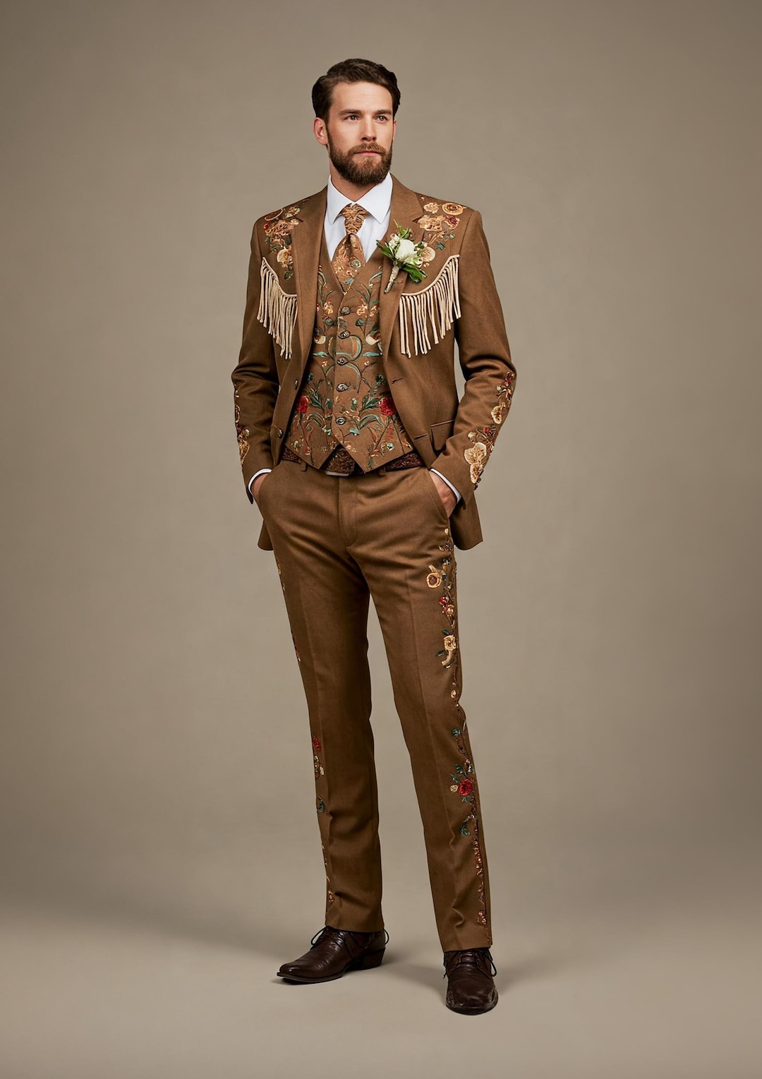 Men's Embroidered Cowboy Wedding Suit: Rustic Fringe Jacket & Floral ...