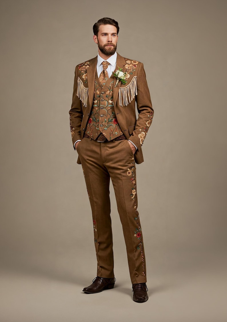 Men's Embroidered Cowboy Wedding Suit: Rustic Fringe Jacket & Floral ...
