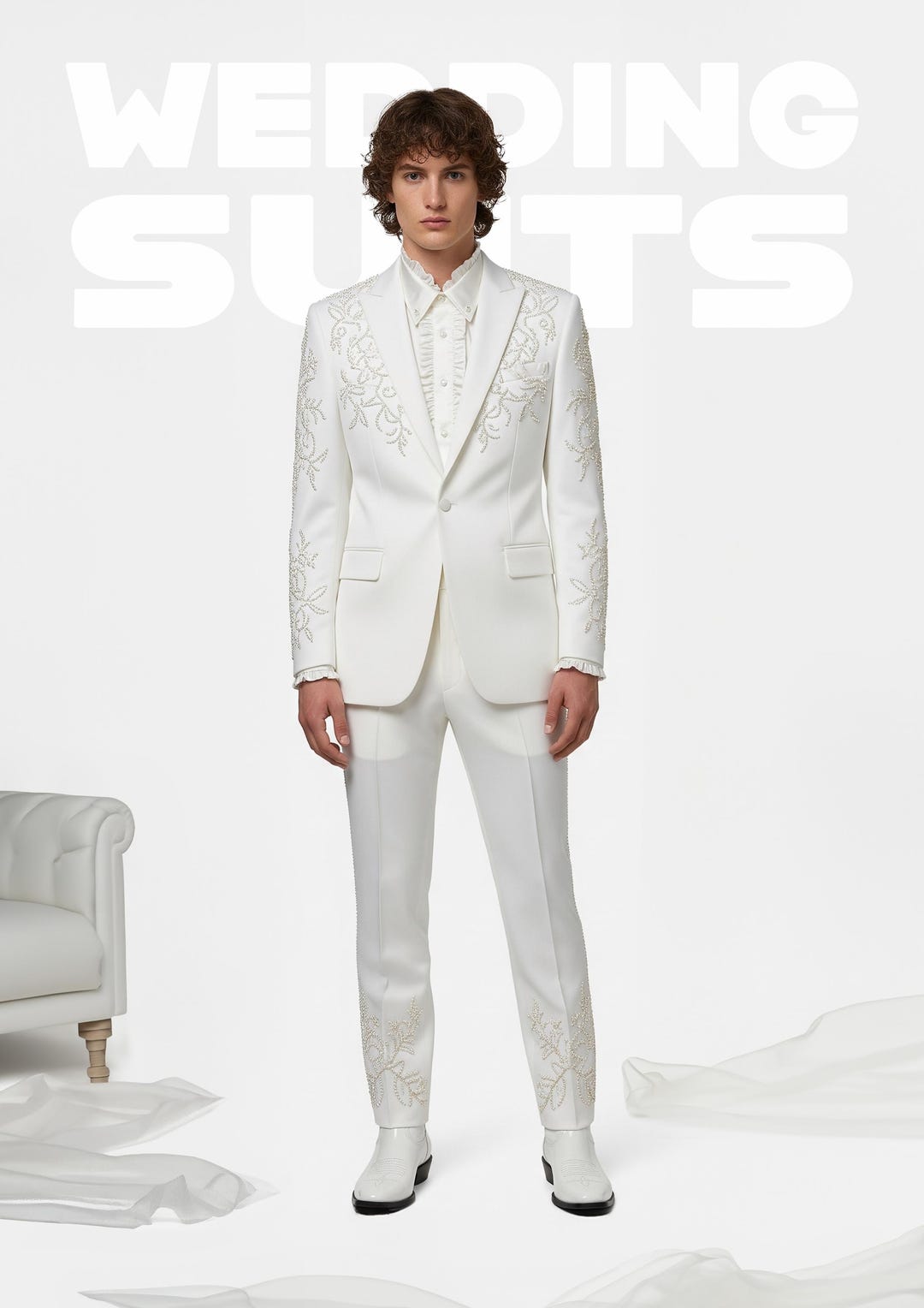 White Embroidered Men’s Wedding Suit – Pearl Beaded Tuxedo Set With ...