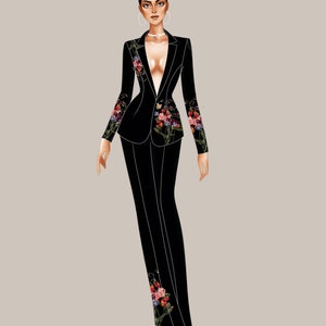 Personalized Women's Floral Embroidered 2 Piece Suit Notch Lapel ...