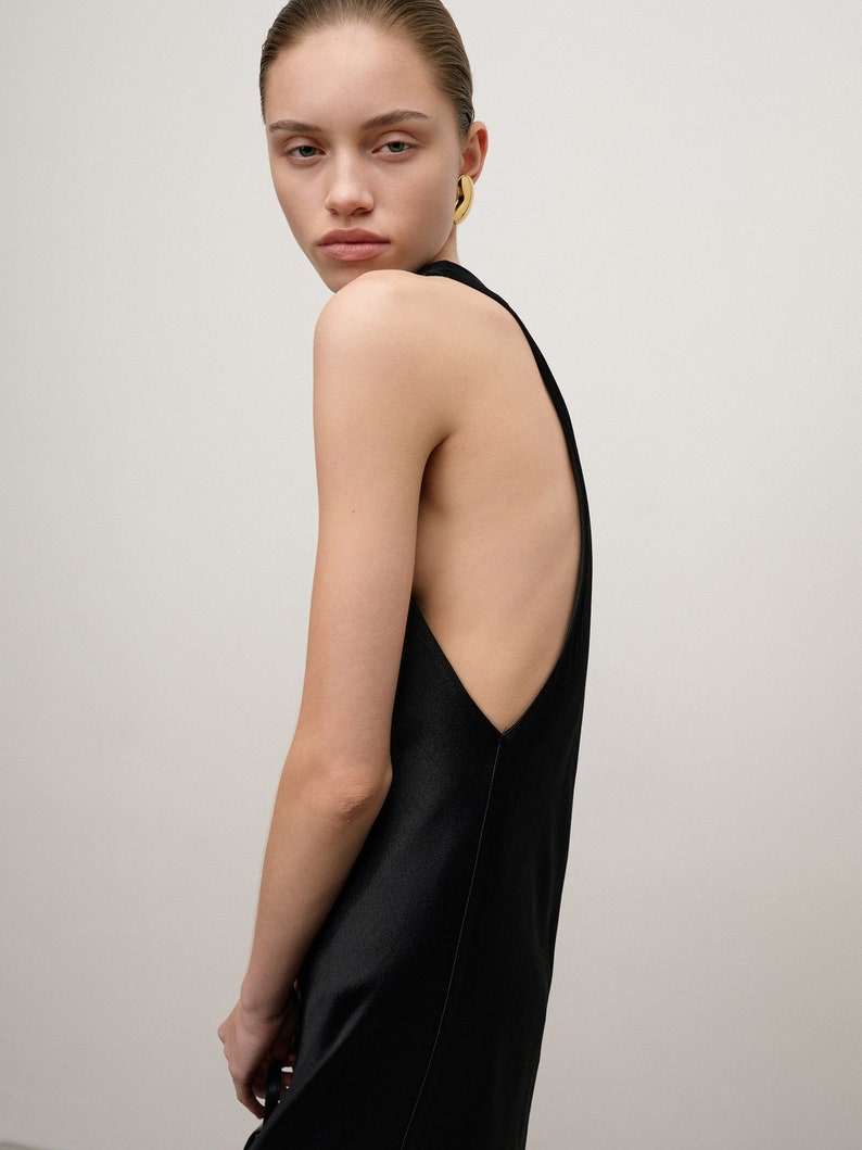 Black Python Satin Custom-made Floor Length Halter Neck Deep Deep Arm ...