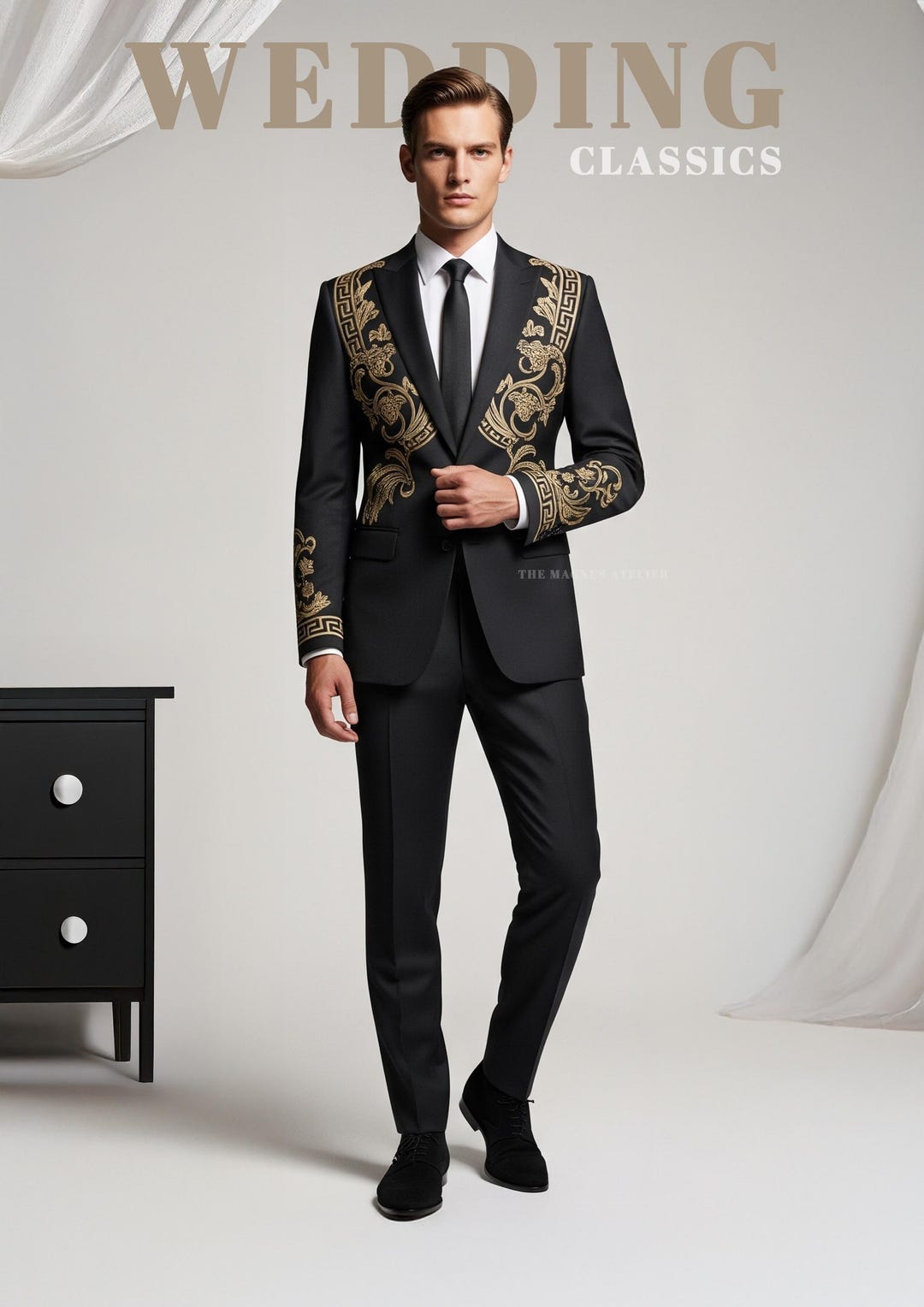Black & Gold Greek Key Embroidered Blazer, Men's Luxury Formal Jacket ...
