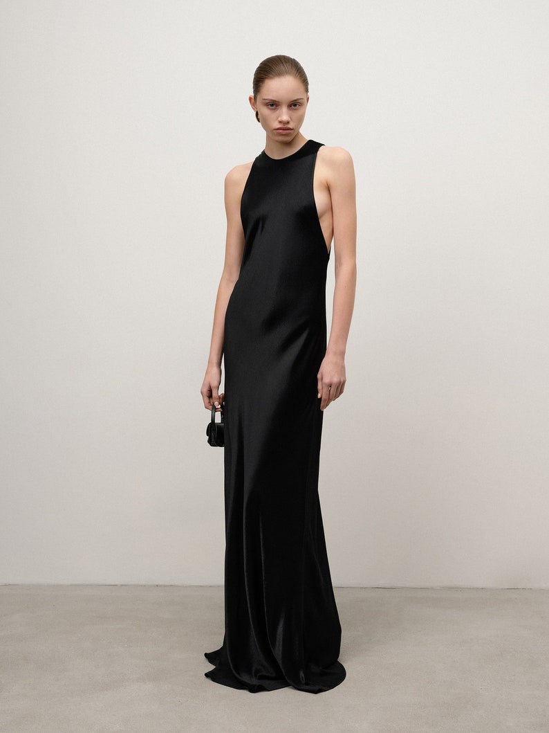 Black Python Satin Custom-made Floor Length Halter Neck Deep Deep Arm ...