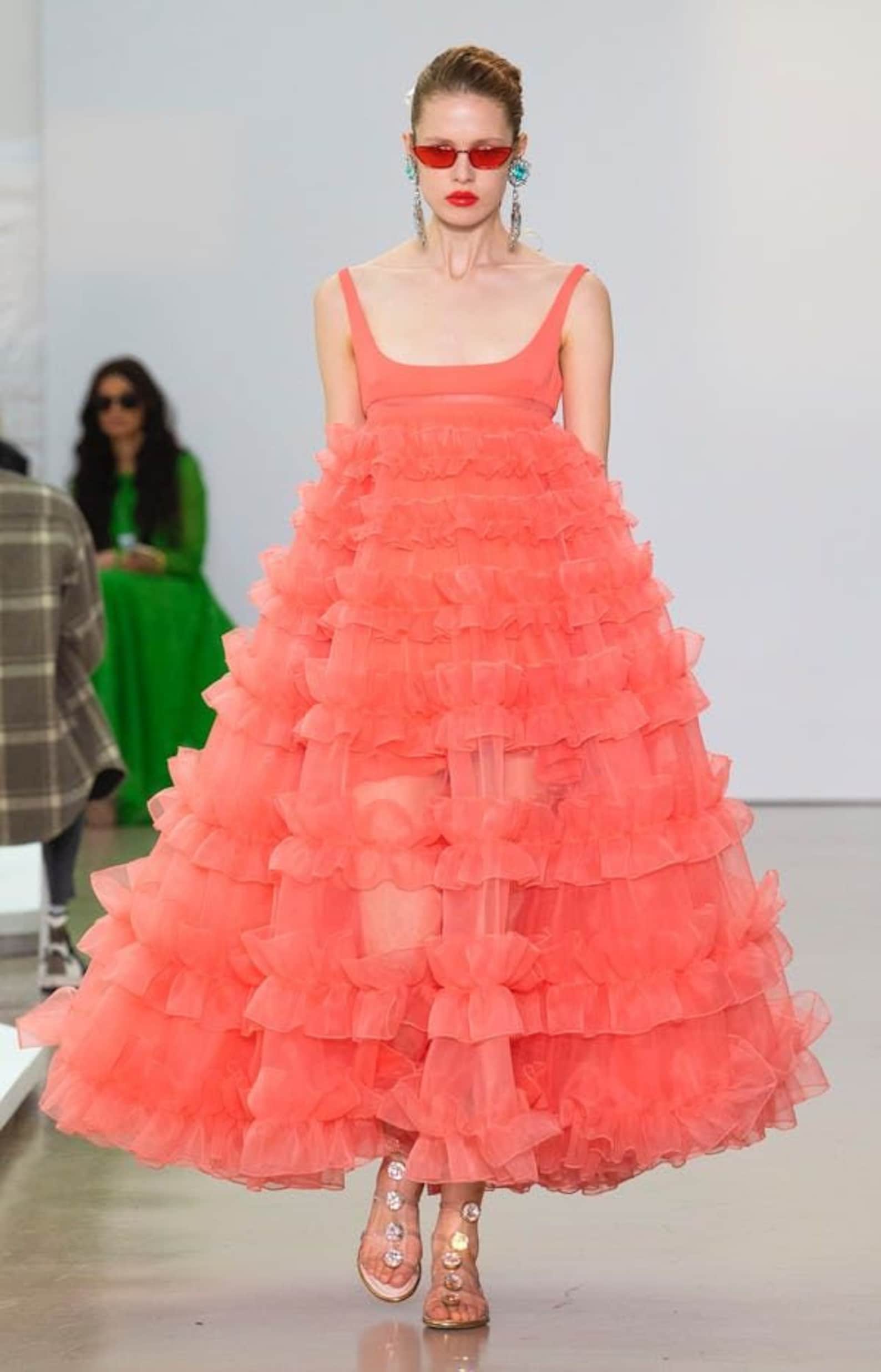 Women's Pink Ruffled Organza Dress With Empire Waist, Wedding Guest ...