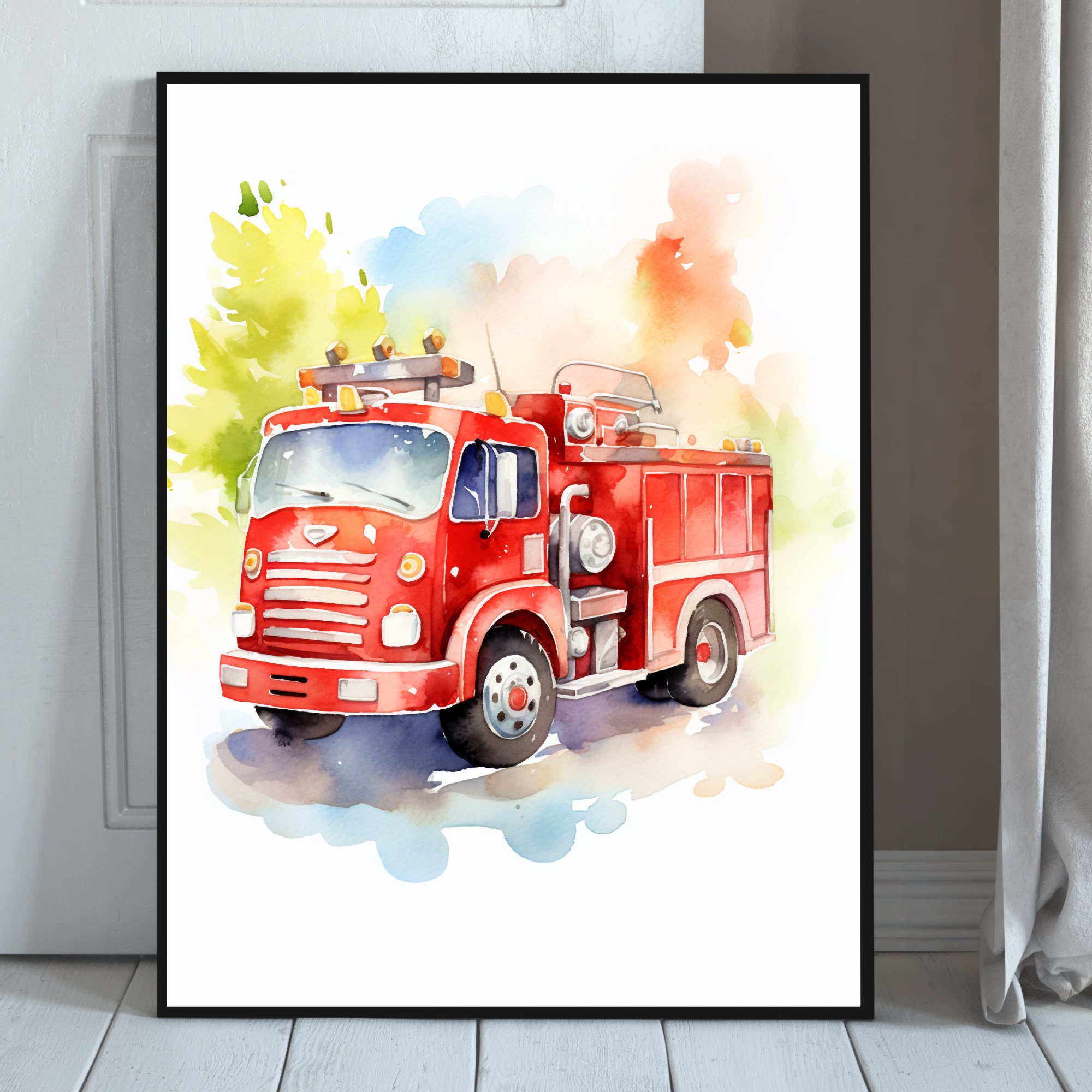 Fire Engine Watercolor Poster, Fire Department Art, Fire Department ...