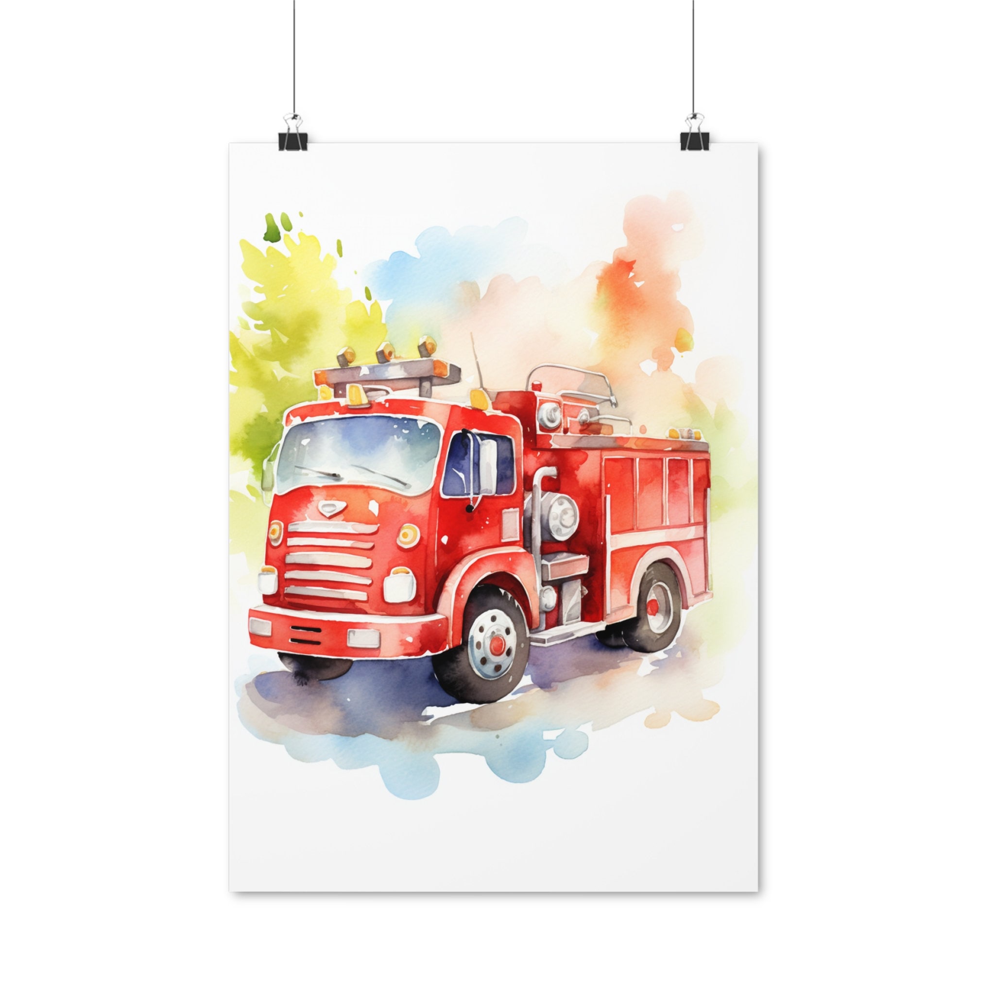 Fire Engine Watercolor Poster, Fire Department Art, Fire Department ...