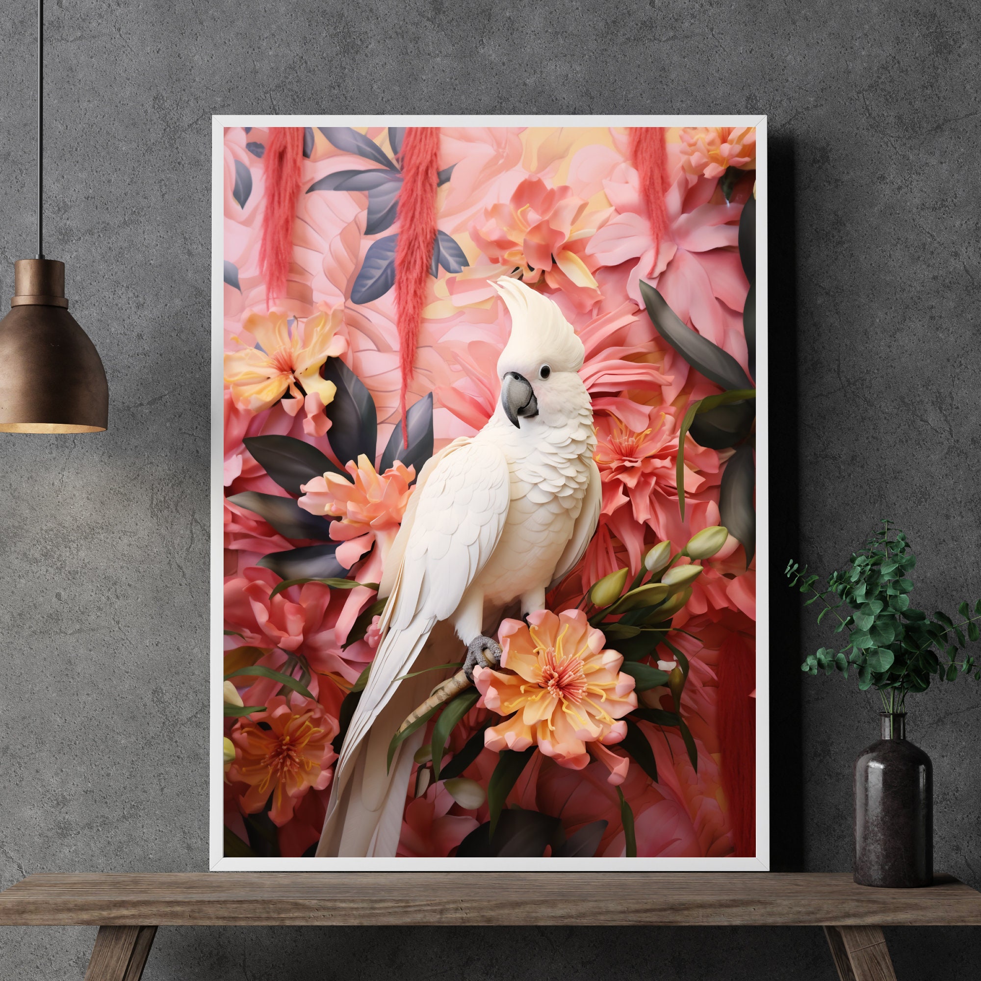 Cockatoo Poster, Flower Poster, Cockatoo on Flower Background Canvas ...