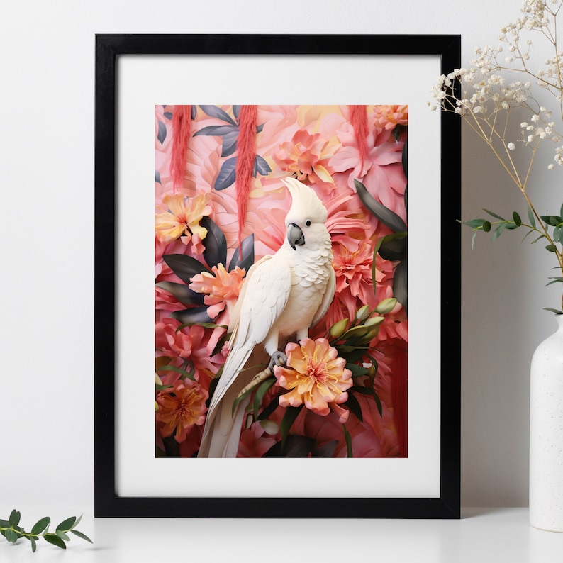Cockatoo Poster, Flower Poster, Cockatoo on Flower Background Canvas ...