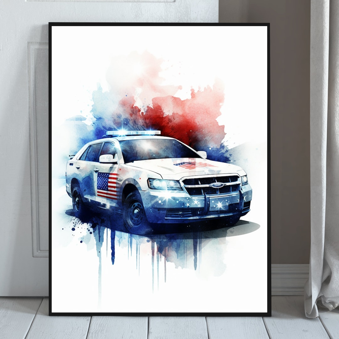 Police Car Watercolor Poster, Children's Room Decoration Police Mural ...