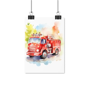 Fire Engine Watercolor Poster, Fire Department Art, Fire Department ...