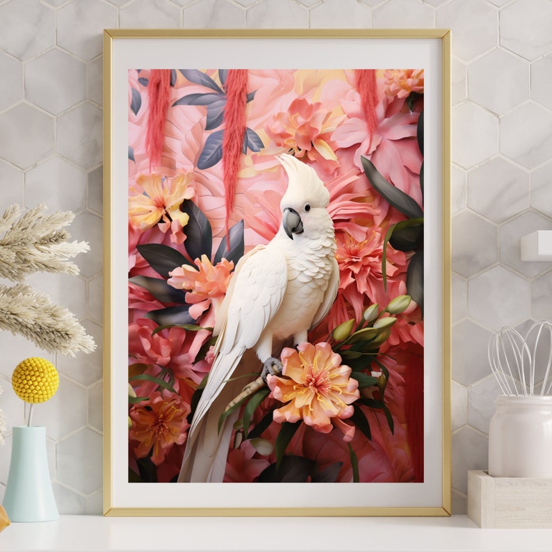 Cockatoo Poster, Flower Poster, Cockatoo on Flower Background Canvas ...