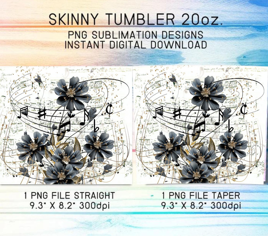 Music Note Tumbler Wrap, Music Wrap for Tumbler, Vintage Flowers PNG ...