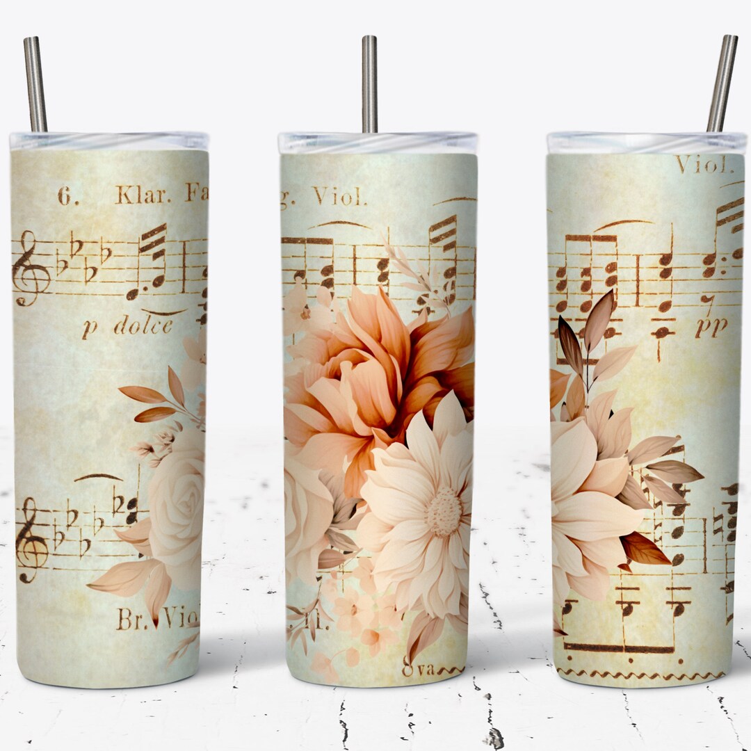 Music Note Tumbler Wrap, Music Wrap for Tumbler, Vintage Flowers PNG ...