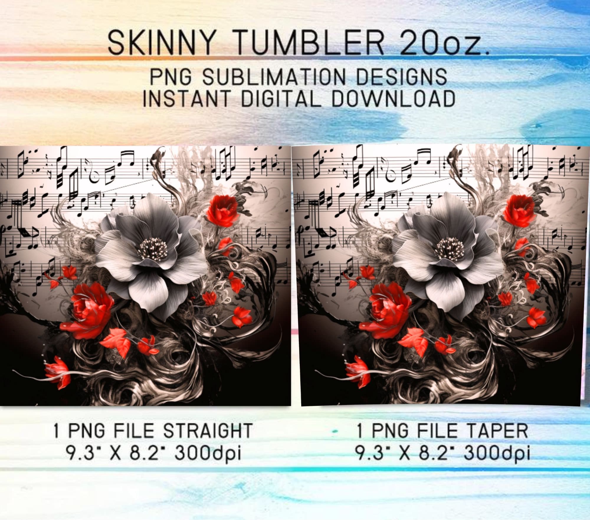 Music Note Tumbler Wrap, Music Wrap for Tumbler, Black Flowers PNG ...