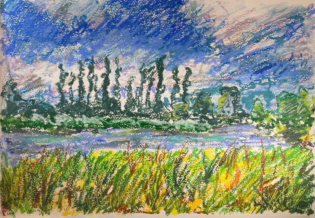 Poplar Trees on the River Frome, 2022. Oil Pastels on Paper ...