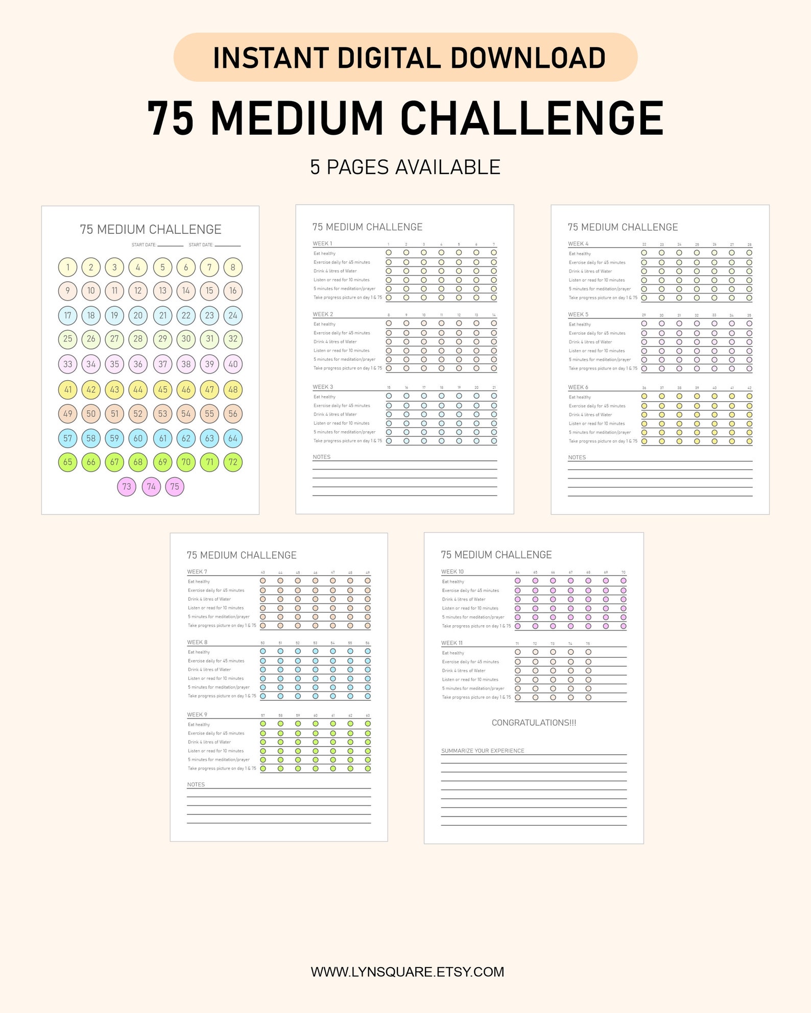 75 Medium Challenge, 75 Medium Challenge Tracker, Fitness Challenge ...