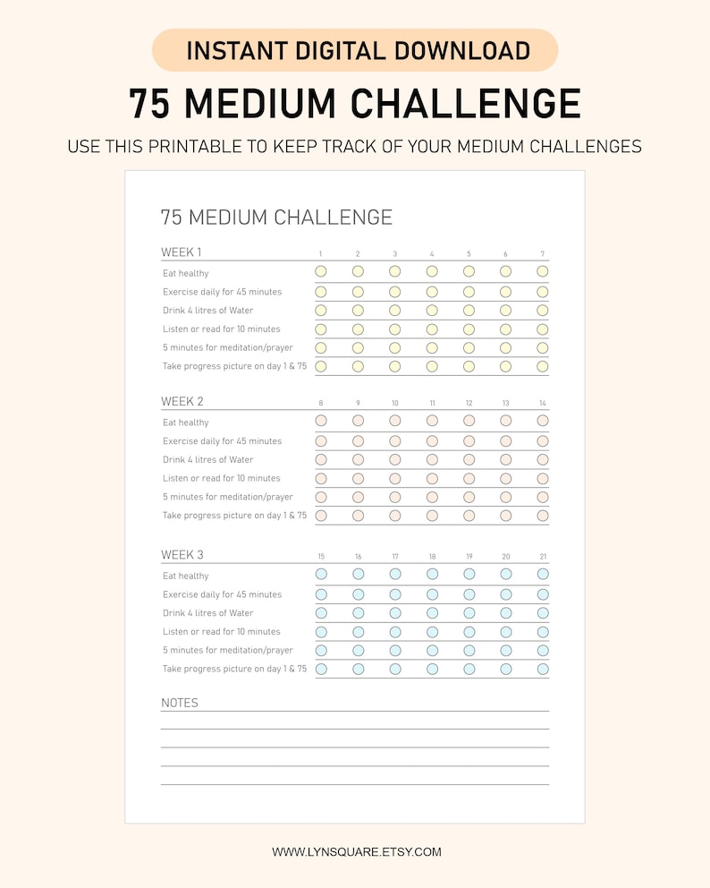 75 Medium Challenge, 75 Medium Challenge Tracker, Fitness Challenge ...