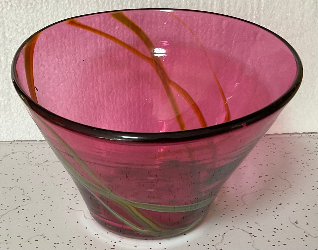 1998 Signed SALAMANDRA Art Glass Oval Bowl Cranberry Swirl Hand Blown ...