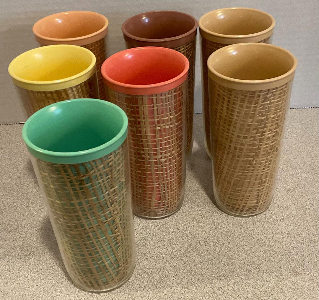 Vintage Raffia Ware Set of 7 Pastel Tall Tumblers Thermal Insulated ...