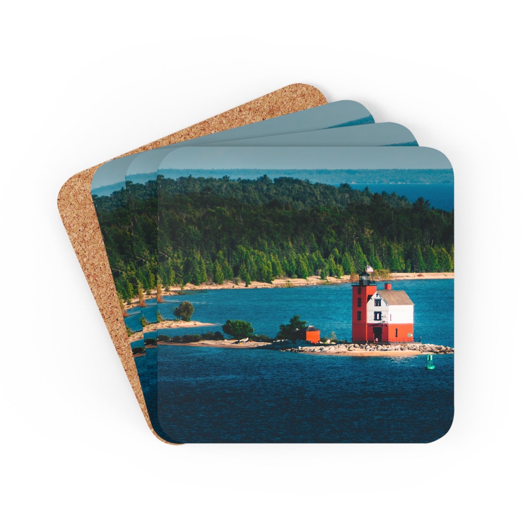 Round Island Lighthouse 4 Cork Coaster Set Mackinac Island Michigan ...