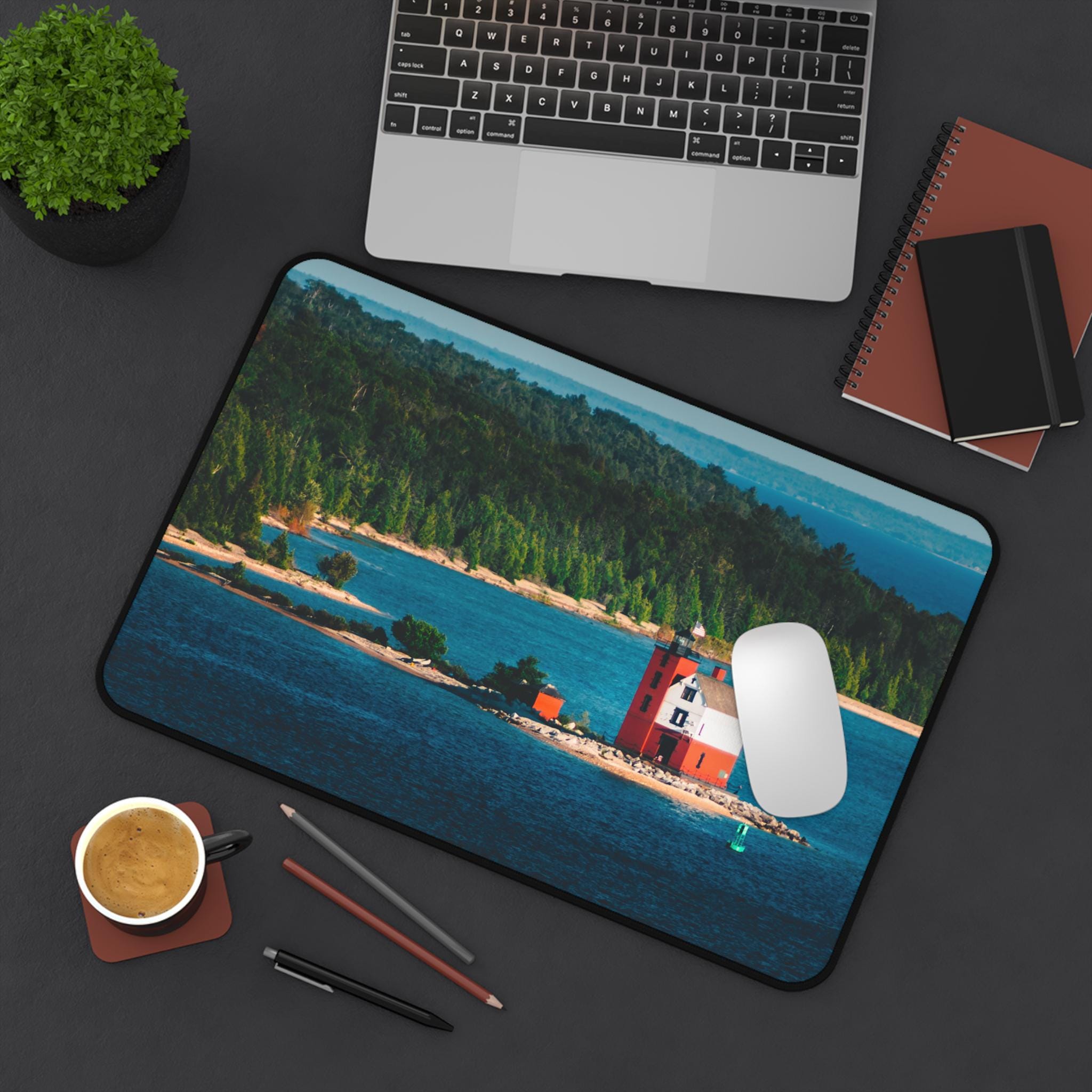 Scenic Round Island Lighthouse Desk Mat, Mackinac Island Lake Huron ...