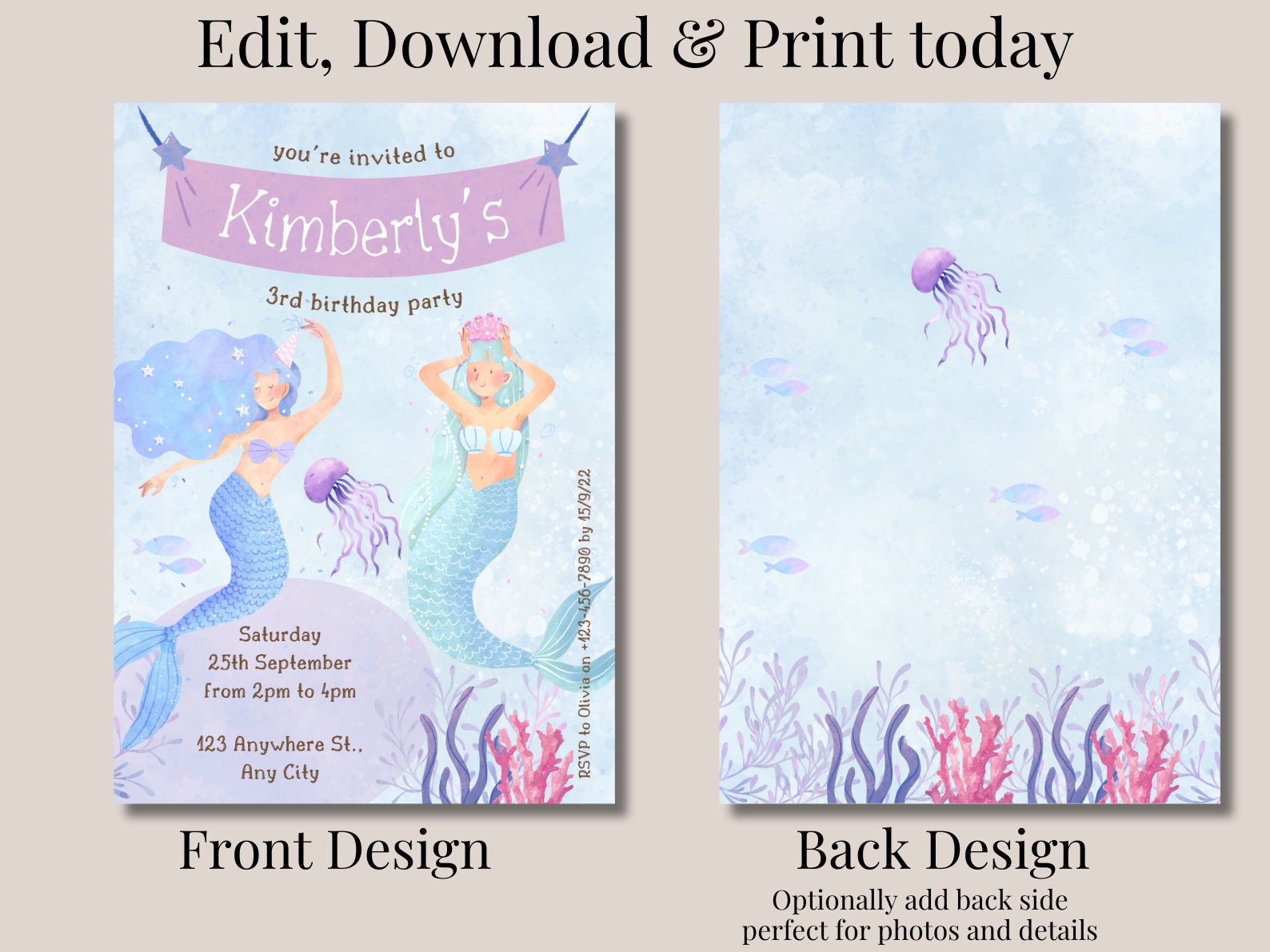 Customizable Mermaid Invitation Template Kids Sea-themed Birthday ...