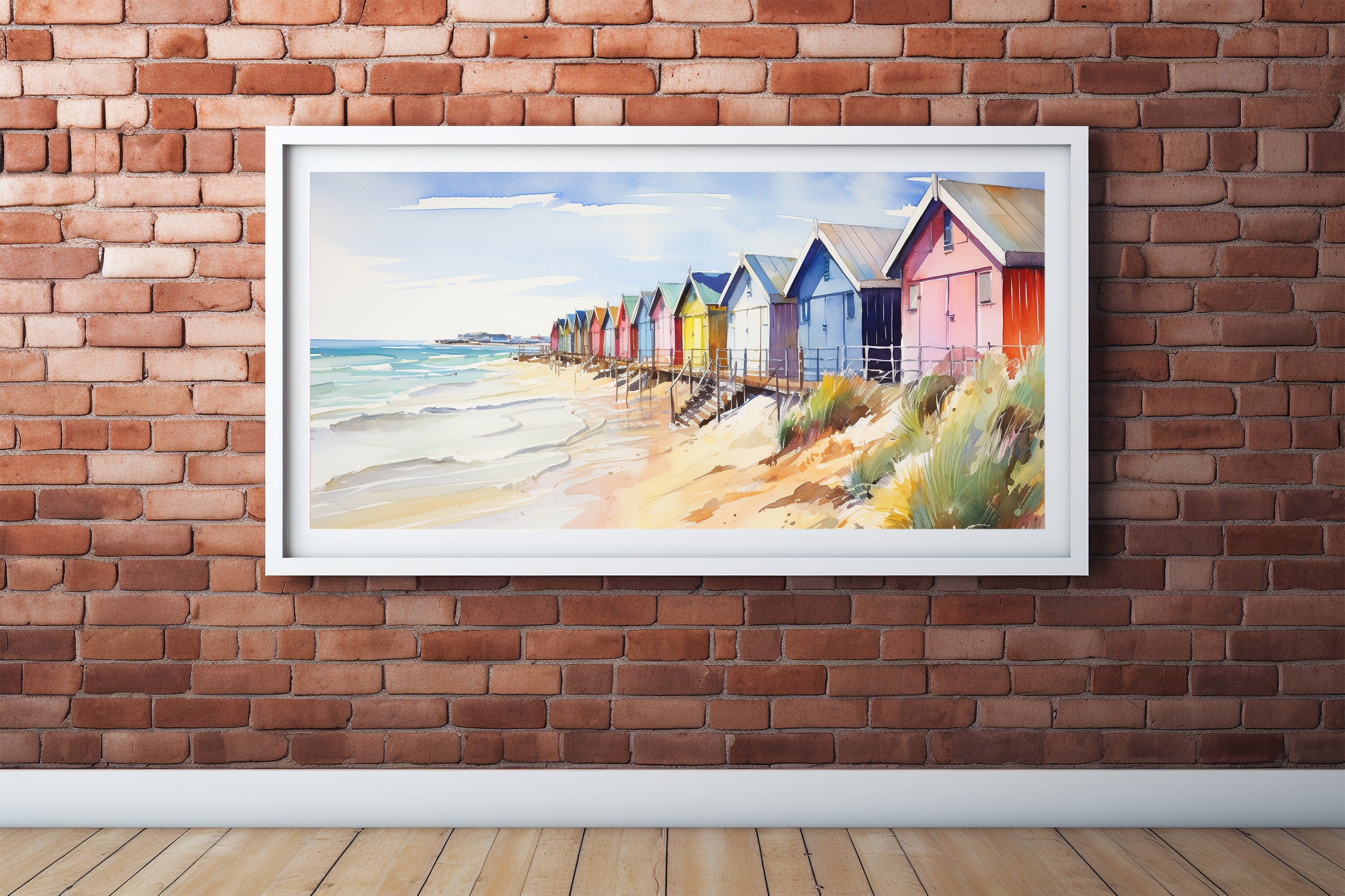 Printable Landscape Beach Huts, Wall Art, Watercolour Painting, Instant ...