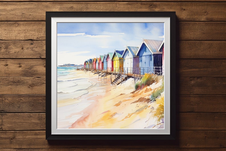 Printable Landscape Beach Huts, Wall Art, Watercolour Painting, Instant ...