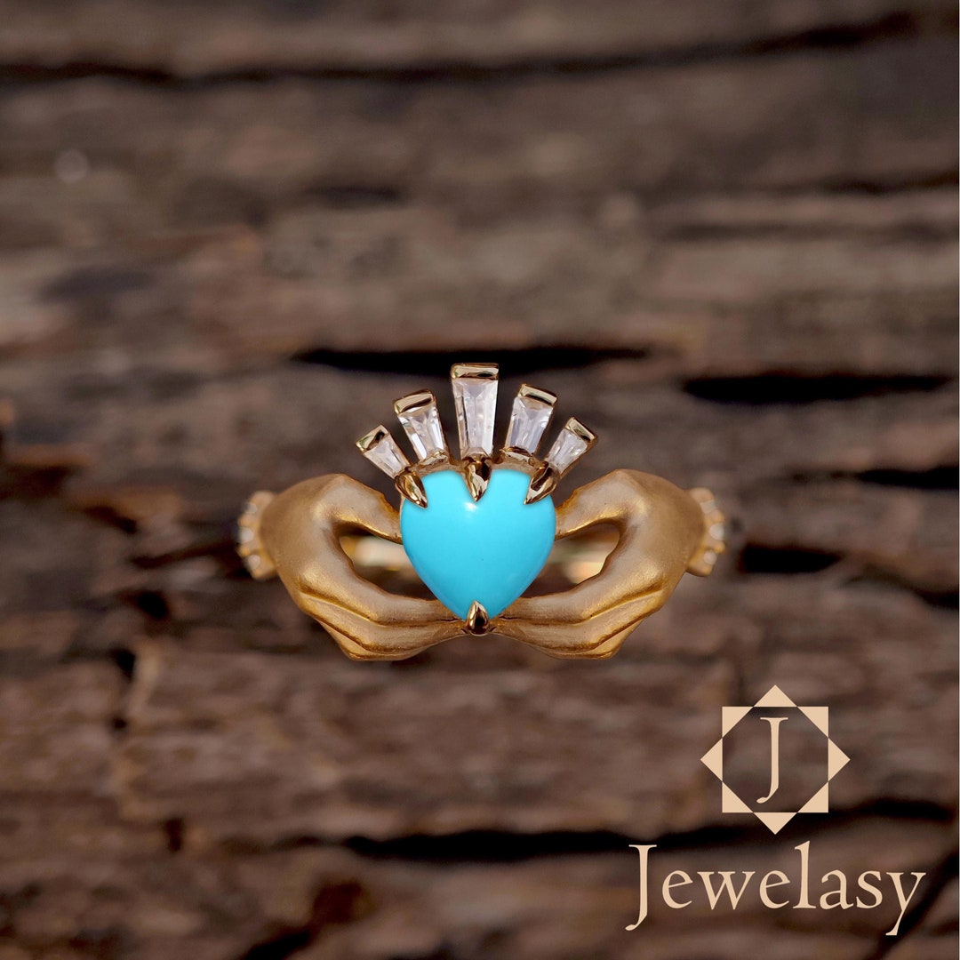 14k Gold Turquoise Claddagh Ring, Heart Shape, Vintage Style - Etsy