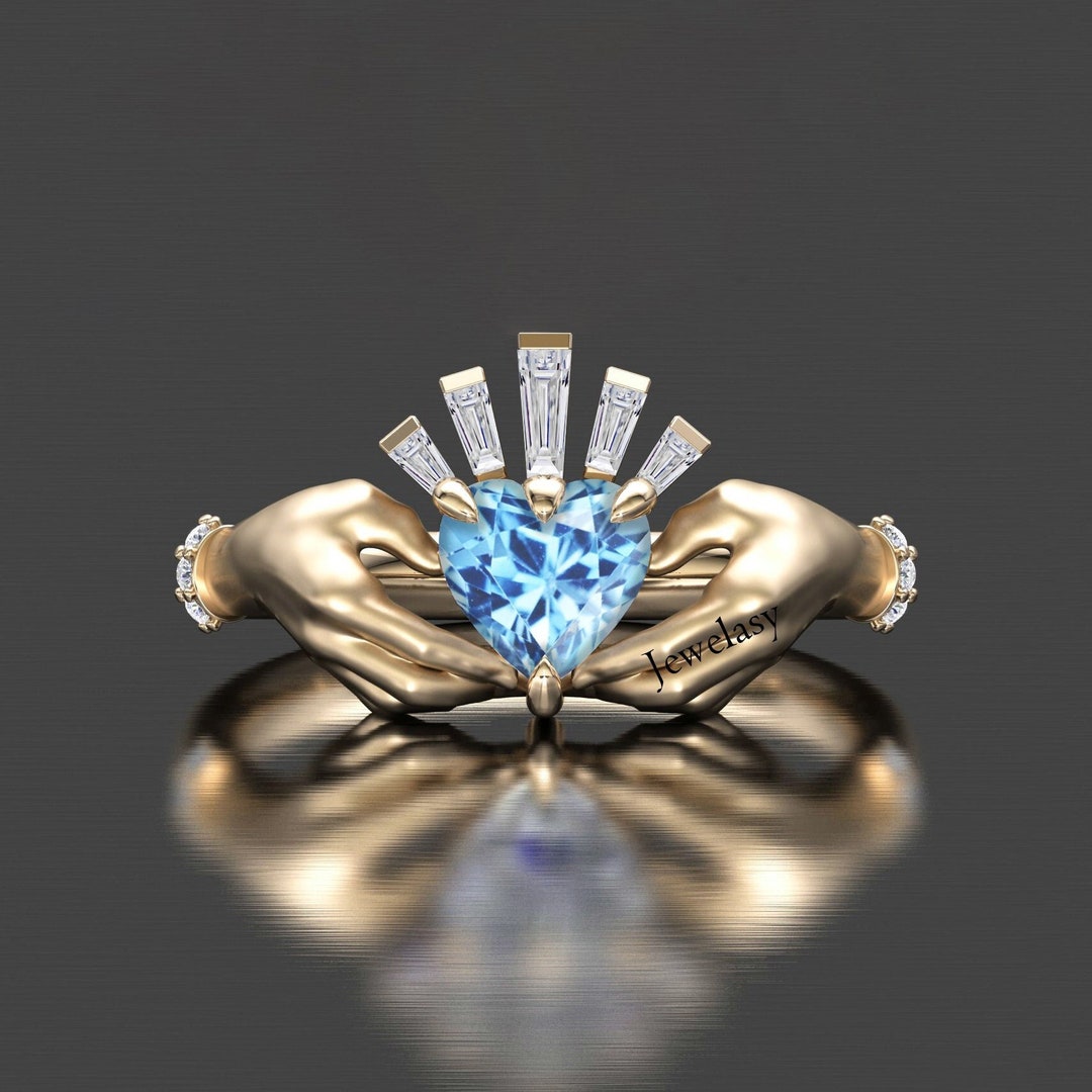 Heart Shape Sky Blue Topaz Ring, Art Deco Topaz Ring, Topaz Claddagh ...