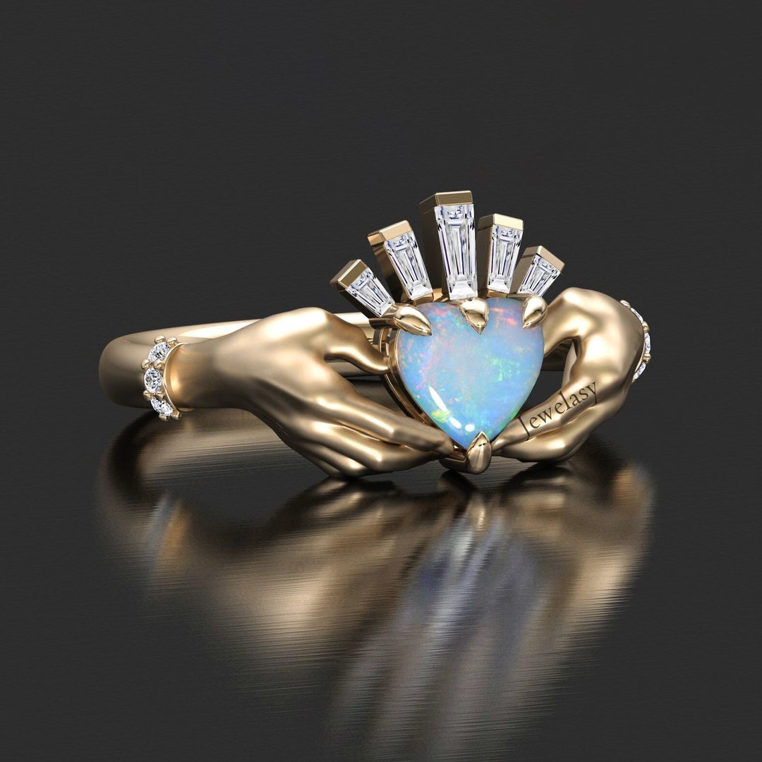 Opal Engagement Ring, Hands Ring in 14k Gold, Heart Shaped Opal Ring ...