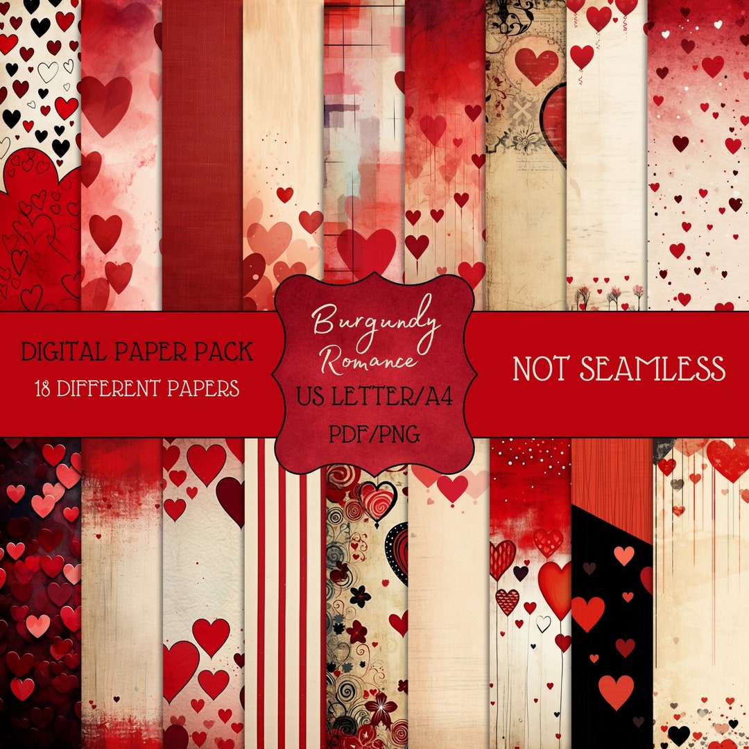 Burgundy Romance Digital Paper Pack, Valentines Day Junk Journal Papers ...