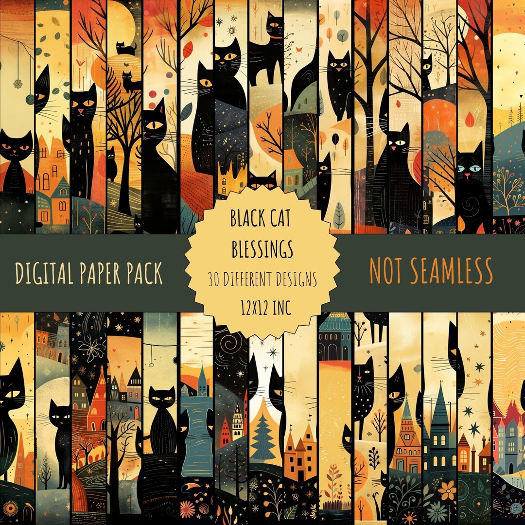 Black Cat Blessings Digital Paper Bundle, Black Cat Junk Journal Papers ...