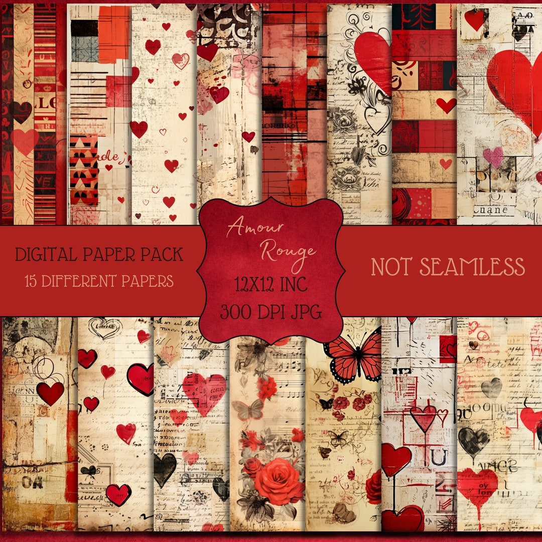 Amour Rouge Digital Paper Pack, Valentines Day Junk Journal Papers ...