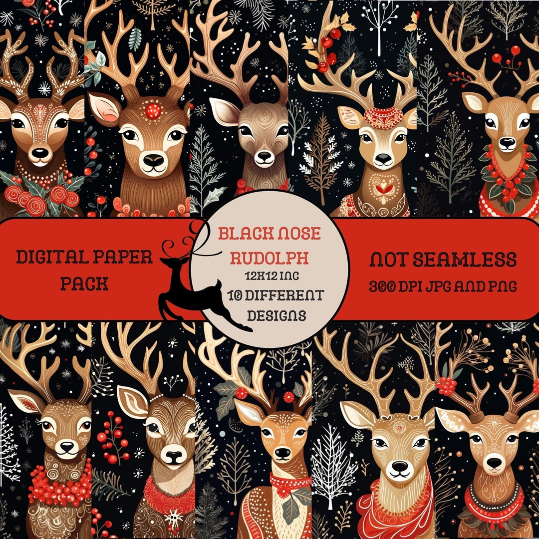 Black Nose Rudolph Digital Paper, Xmas Junk Journal Papers, Christmas ...
