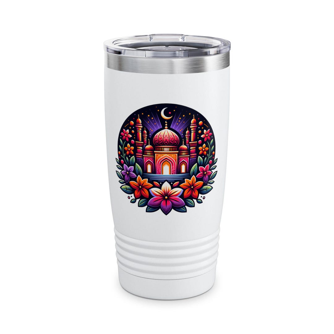 Floral Masjid Tumbler, Islamic Drinkware, Colorful Mosque Cup, Muslim ...