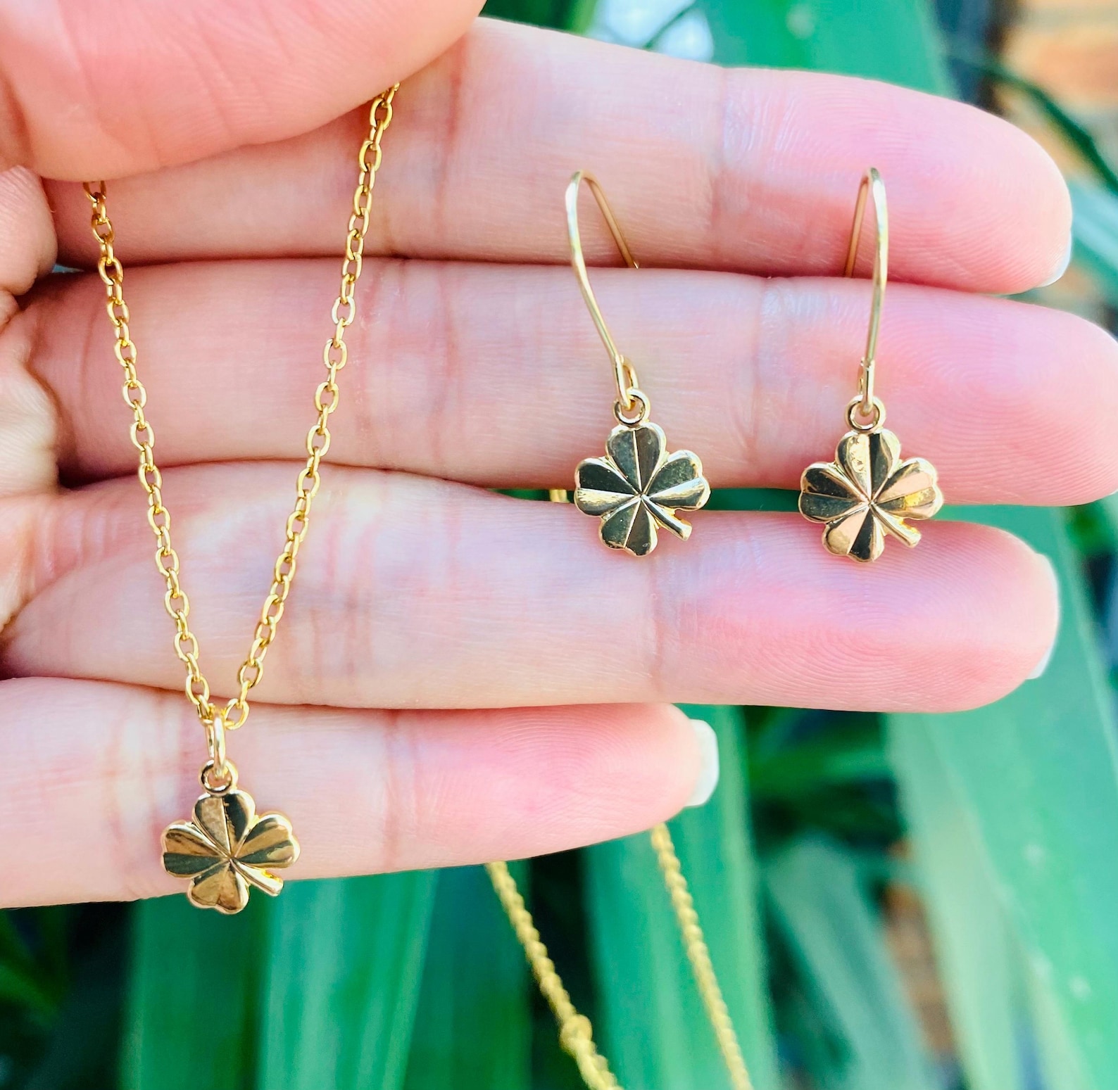 18K Gold Plated Four Leaf Clover Necklace Earrings Set Lucky Clover ...